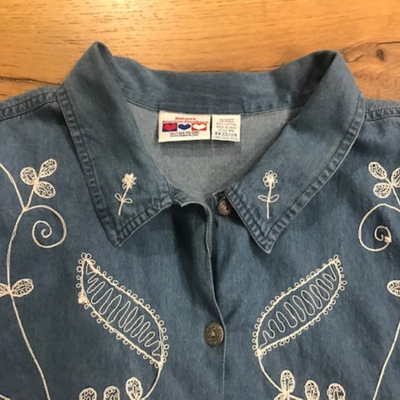 Haband | Tops | Womens Embroidered Blue Jean Shirt Short Sleeve Button ...